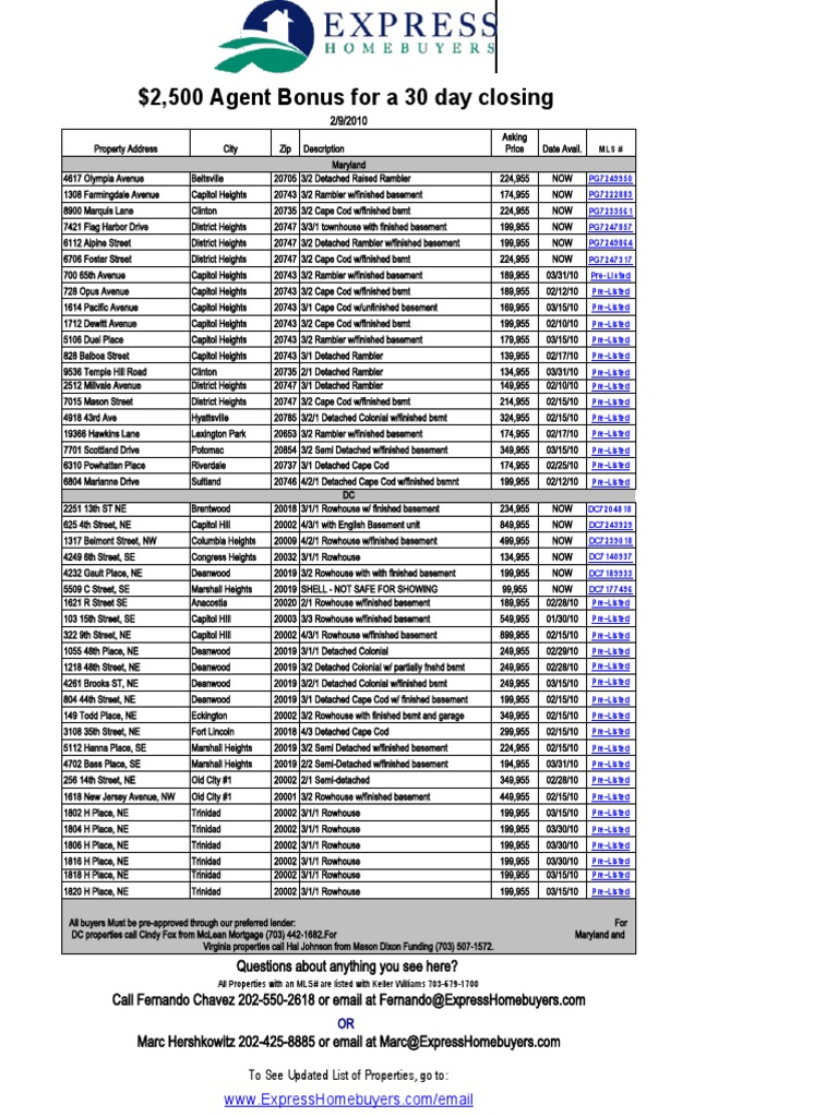 $2,500 Agent Bonus For A 30 Day | PDF | Home | Housing