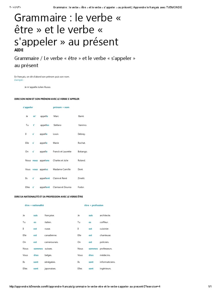 Grammaire - Le Verbe Être Et Le Verbe S'appeler Au Présent - Apprendre ...