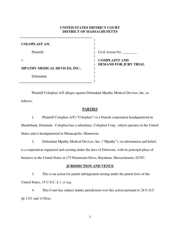 Coloplast vs. Mpathy Patent Infringement | PDF | Patent | Patent ...