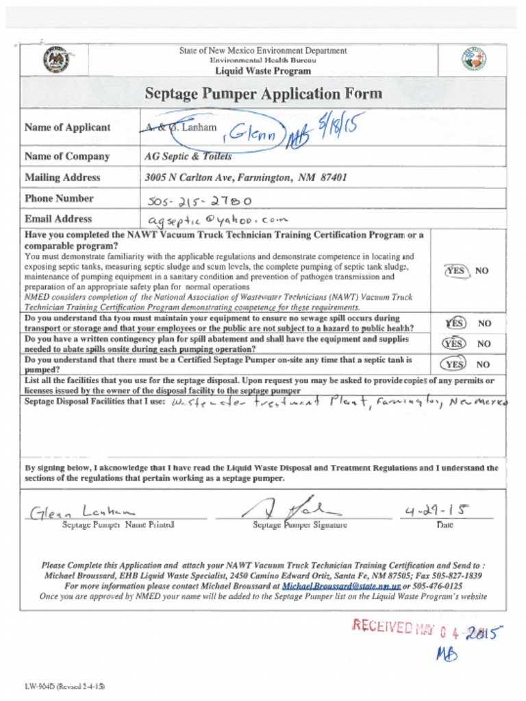 Septage Pumper Application Form | Septic Tank | Waste Management