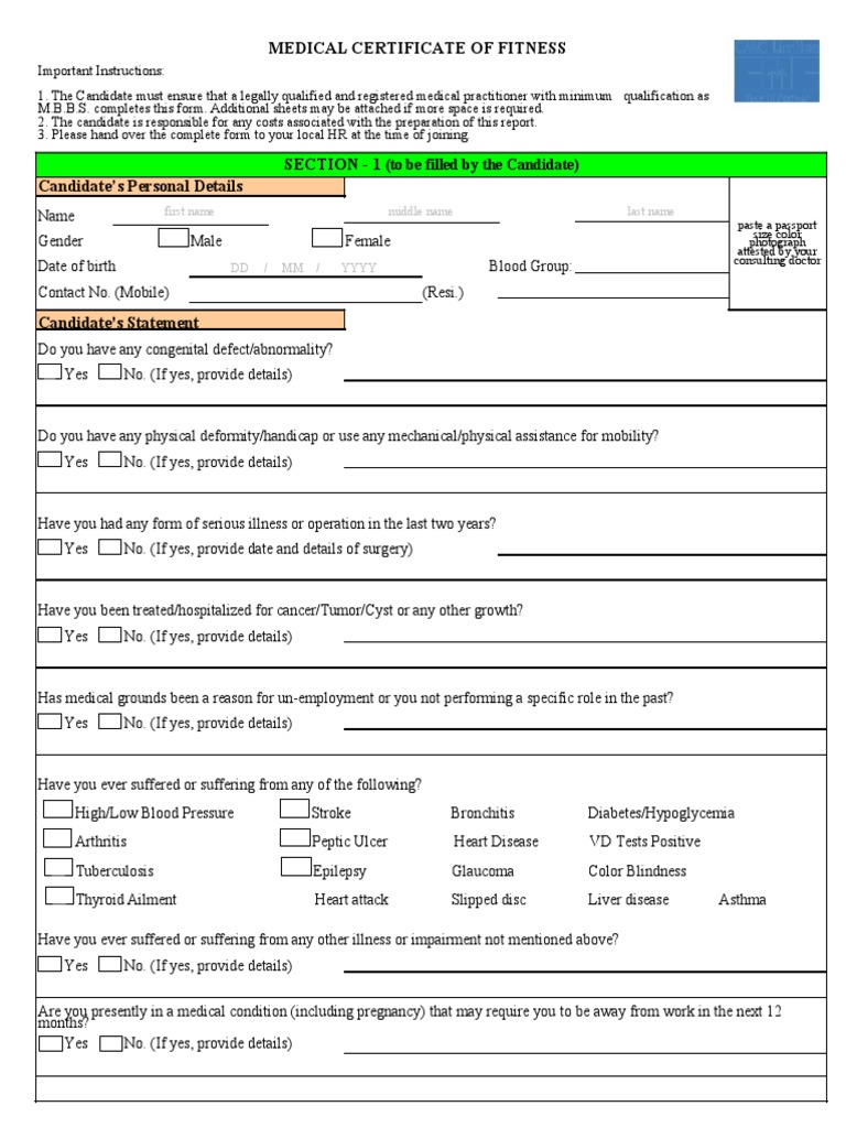 Medical Certificate of Fitness | PDF | Physician | Physical Examination