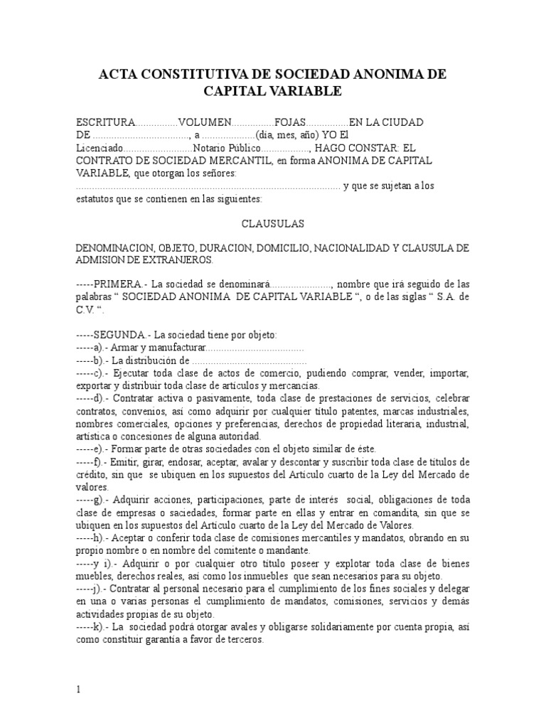 Modelo de Acta Constitutiva de Sociedad Anonima de Capital Variable(2)