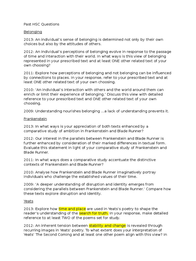 Past HSC Questions English Advanced | PDF | W. B. Yeats | Poetry