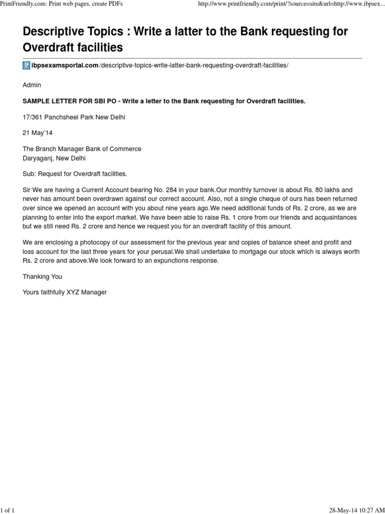 Write A Latter To The Bank Requesting For Overdraft Facilities | PDF