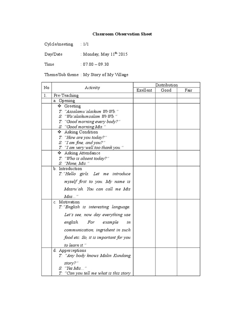 Observation Sheet | PDF | Narrative | Cognition
