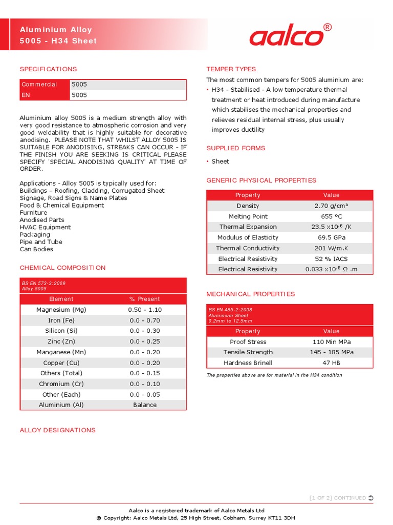 Aalco Metals LTD Aluminium Alloy 5005 H34 Sheet 137 | PDF | Alloy ...