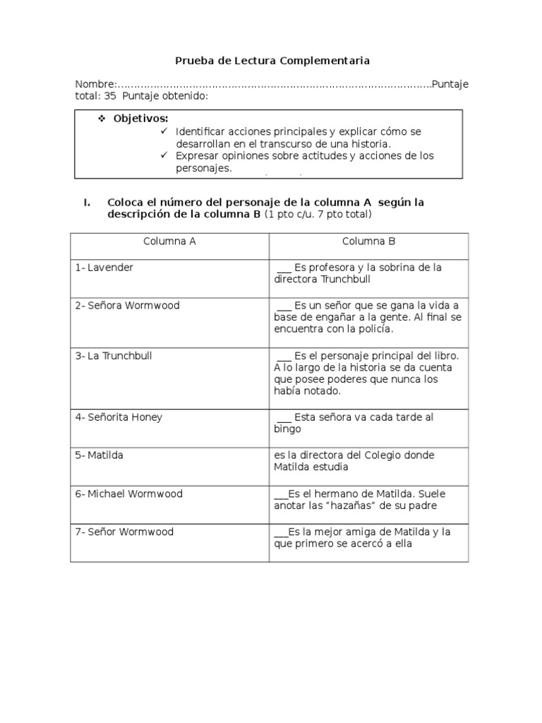 Prueba Libro Matilda | PDF