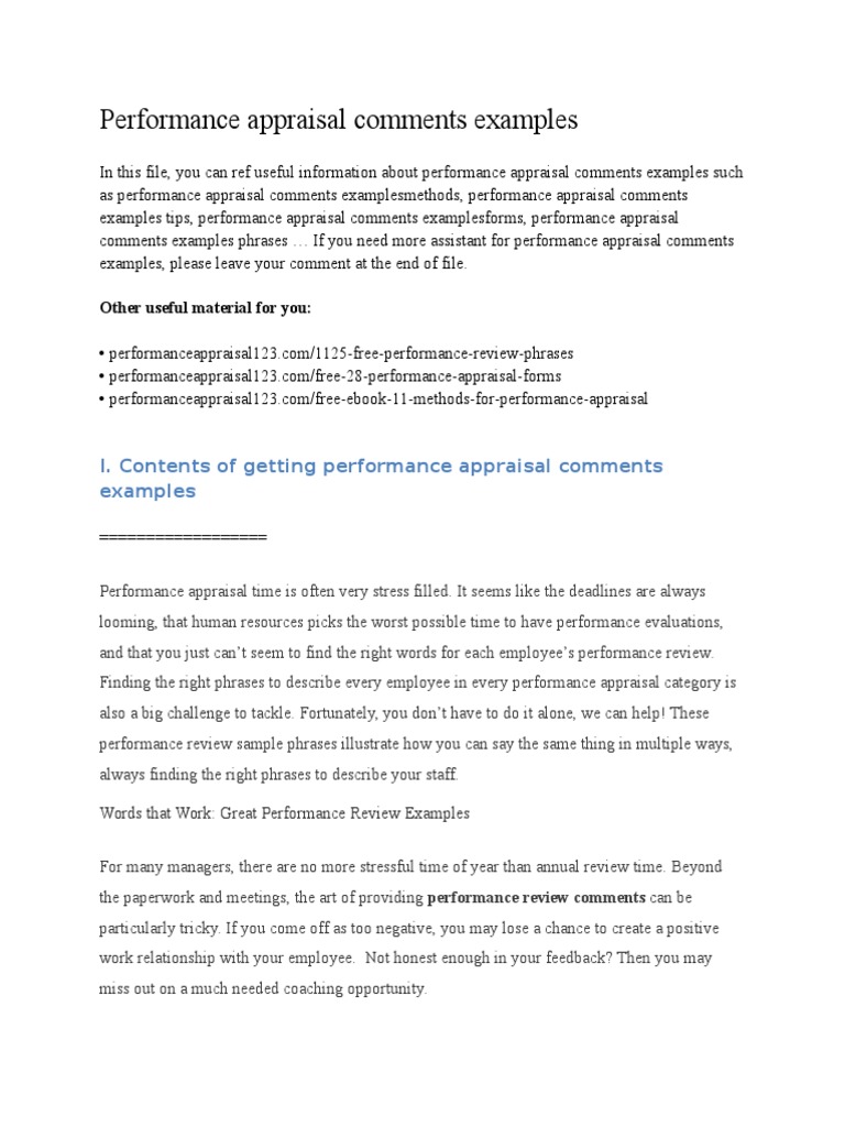 Performance Appraisal Comments Examples | Performance Appraisal ...