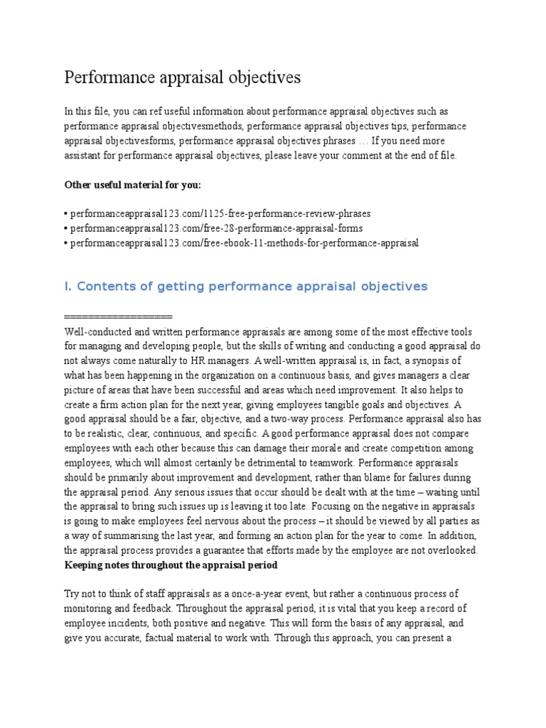 Performance Appraisal Objectives | PDF | Performance Appraisal | Employment