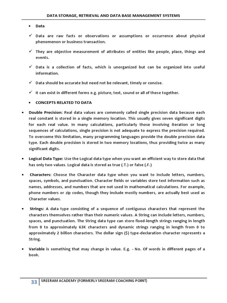 Data Storage, Retrieval and DBMS | PDF | Databases | Data Warehouse
