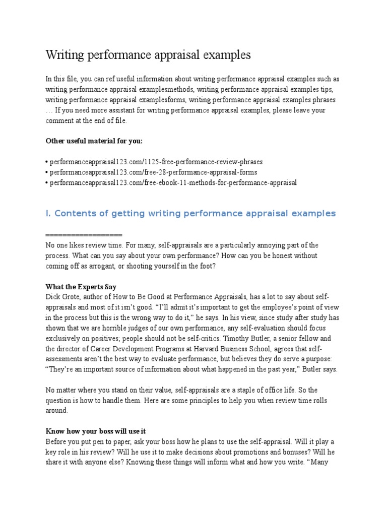 Writing Performance Appraisal Examples | PDF | Performance Appraisal ...