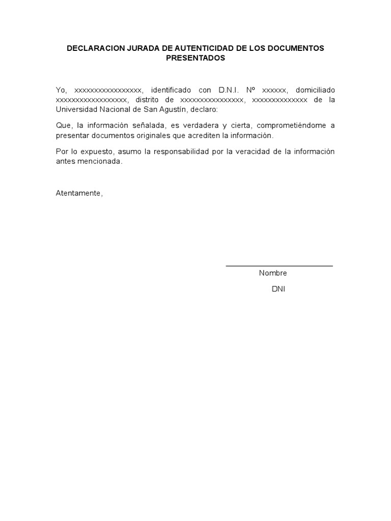 Declaracion Jurada de Autenticidad de Los Documentos Presentados | PDF