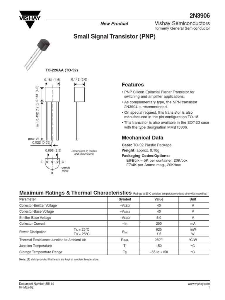 2n3906 Datasheet | PDF | Transistor | Bipolar Junction Transistor