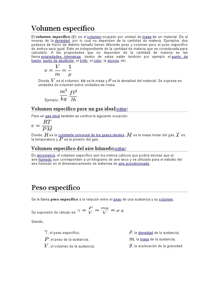 Definición y Unidades de Volumen Específico | PDF | Peso | Gases