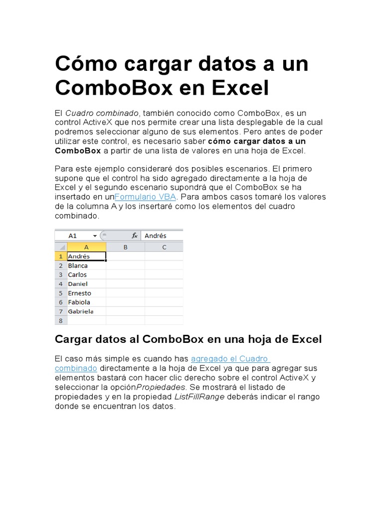 Cómo Cargar Datos A Un ComboBox en Exce1 | PDF | Microsoft Excel | Fórmula Cómo Cargar Datos A Un ComboBox en Exce1 | PDF | Microsoft Excel | Fórmula