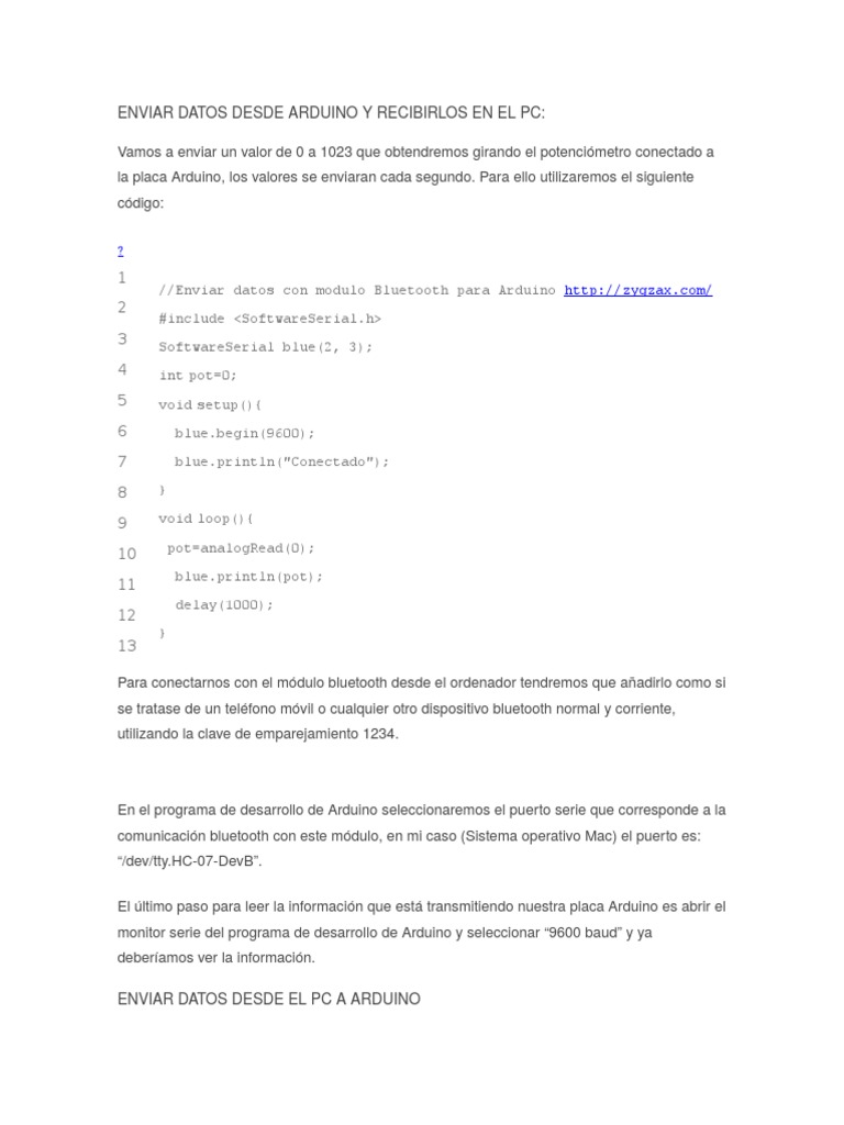 Enviar Datos Desde Arduino y Recibirlos en El PC | PDF | Bluetooth | Arduino