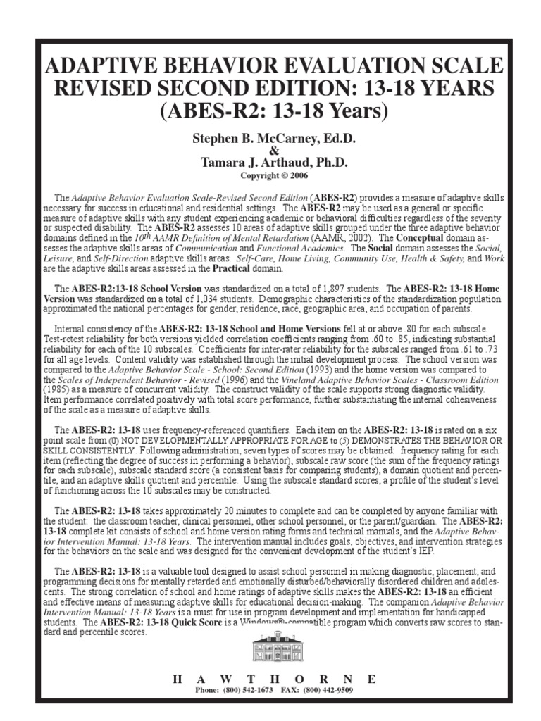 Adaptive Behavior Evaluation Scale Revised Second Edition: 13-18 Years ...