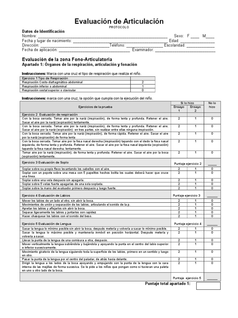 Evaluacion de Articulacion Protocolo | PDF | Respiración | Diente humano