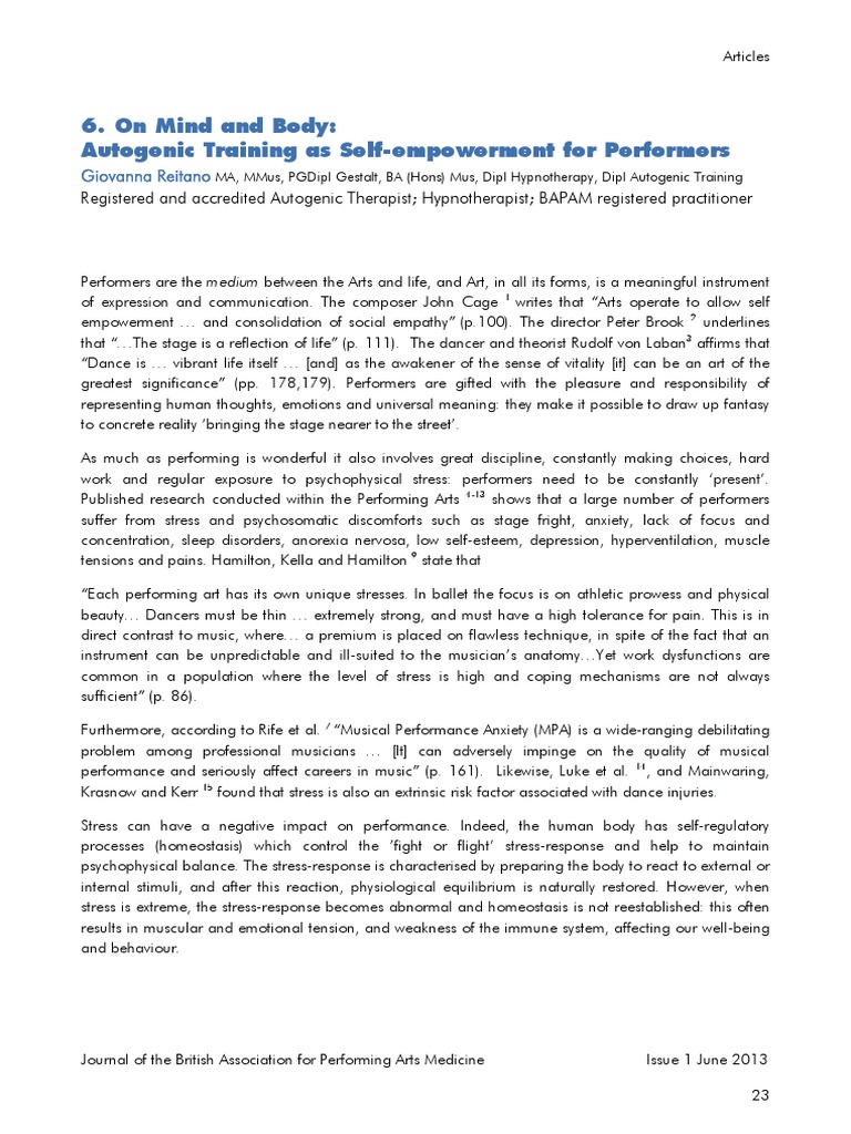 On Mind and Body Autogenic Training Self Empowerment Performers | PDF ...