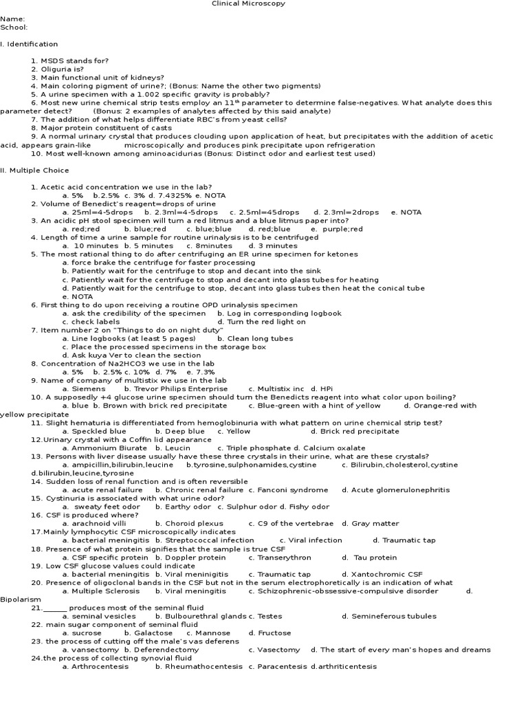 Clinical Microscopy Exam | PDF | Cerebrospinal Fluid | Urine