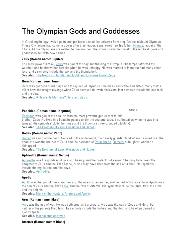 The Olympian Gods and Goddesses | PDF | Zeus | Twelve Olympians