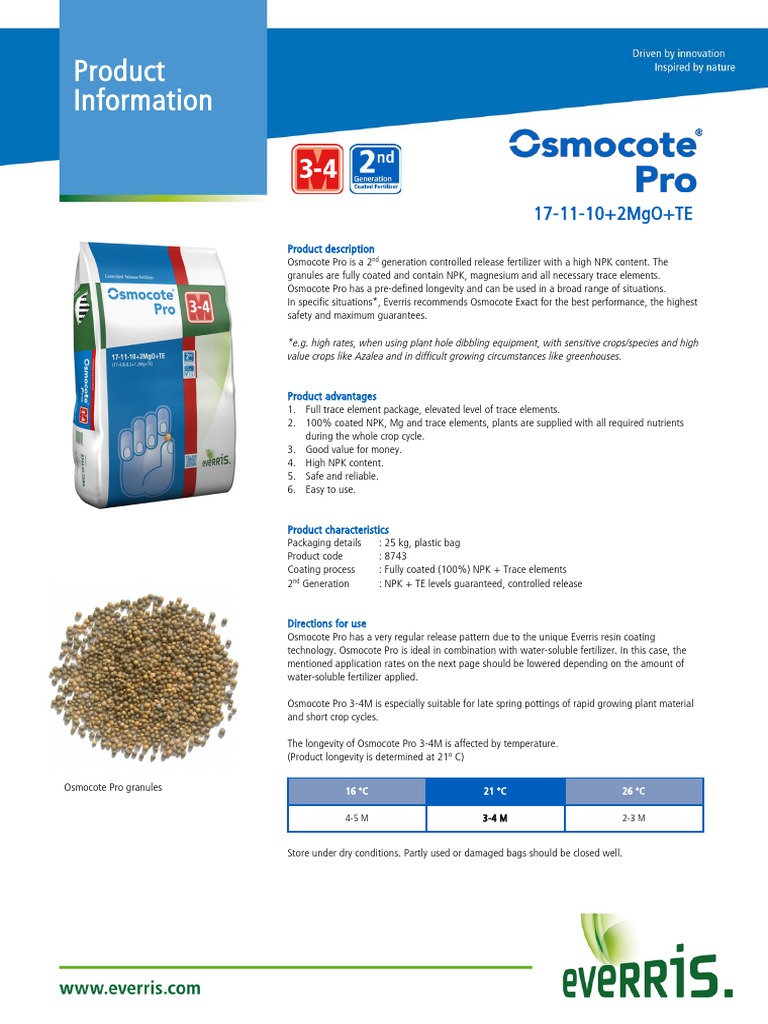 Osmocote Pro 3-4M - 17-11-10 - DEF | PDF | Fertilizer | Chemical Elements