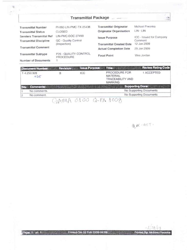 035-PROCEDURE FOR MATERIAL TRACEABILITY AND MARKING.pdf | Pipe (Fluid ...