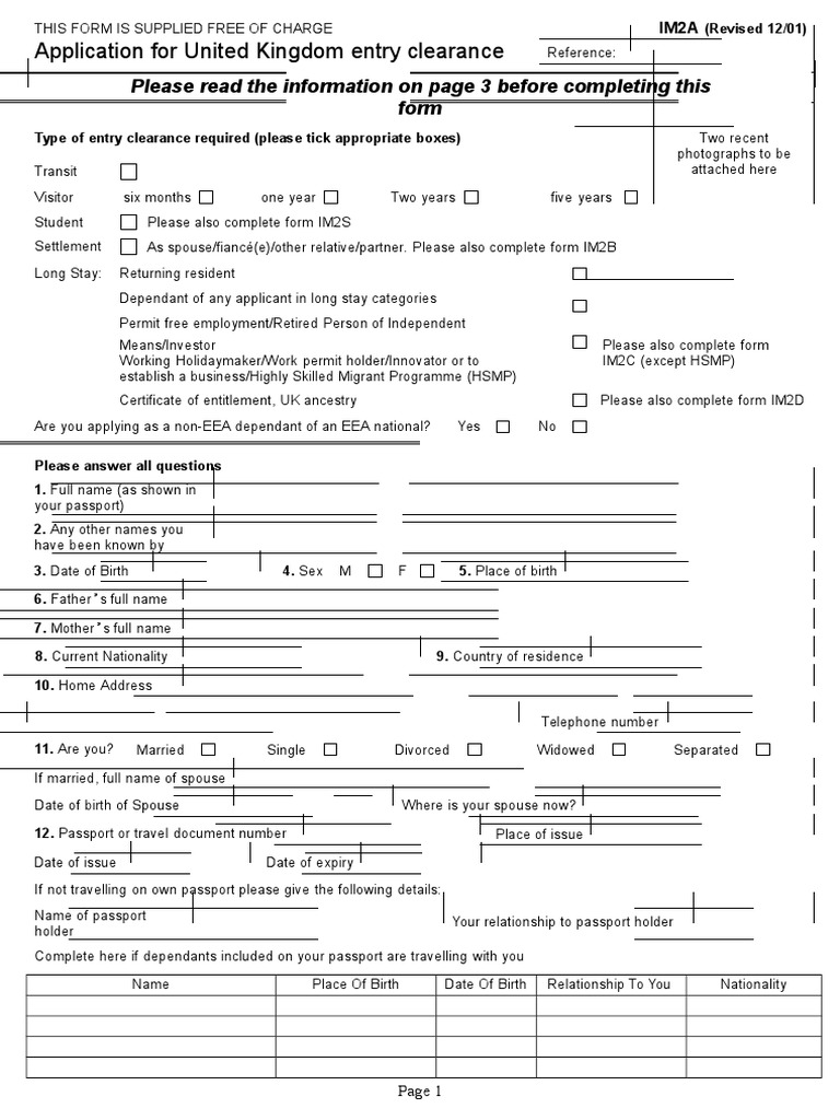 Application For United Kingdom Entry Clearance: Please Read The ...