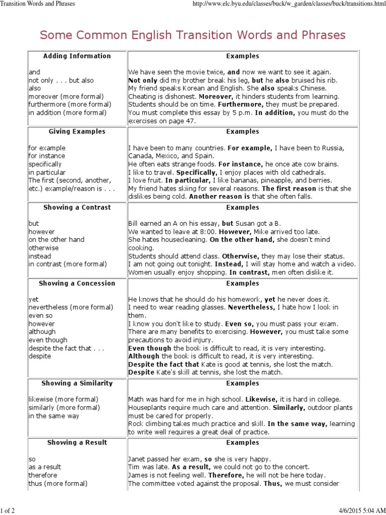 Transition Words and Phrases | PDF | Comma | Sentence (Linguistics)