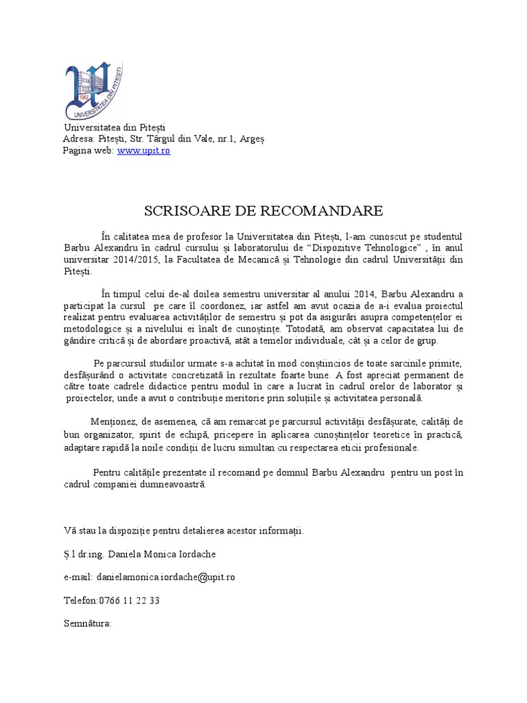 Scrisoare de Recomandare Profesor | PDF