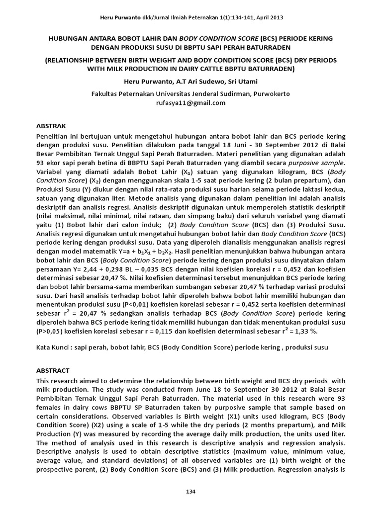 Hubungan Antara Bobot Lahir Dan Body Condition Score (BCS) Periode ...