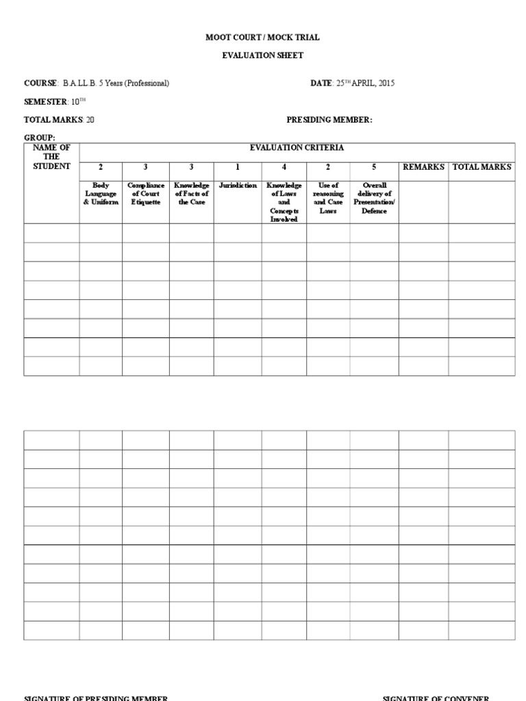 Moot Court Evaluation Sheet | PDF