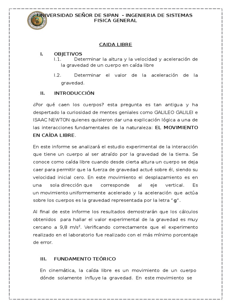 Caida Libre Informe | PDF | Masa | Fenomeno fisico