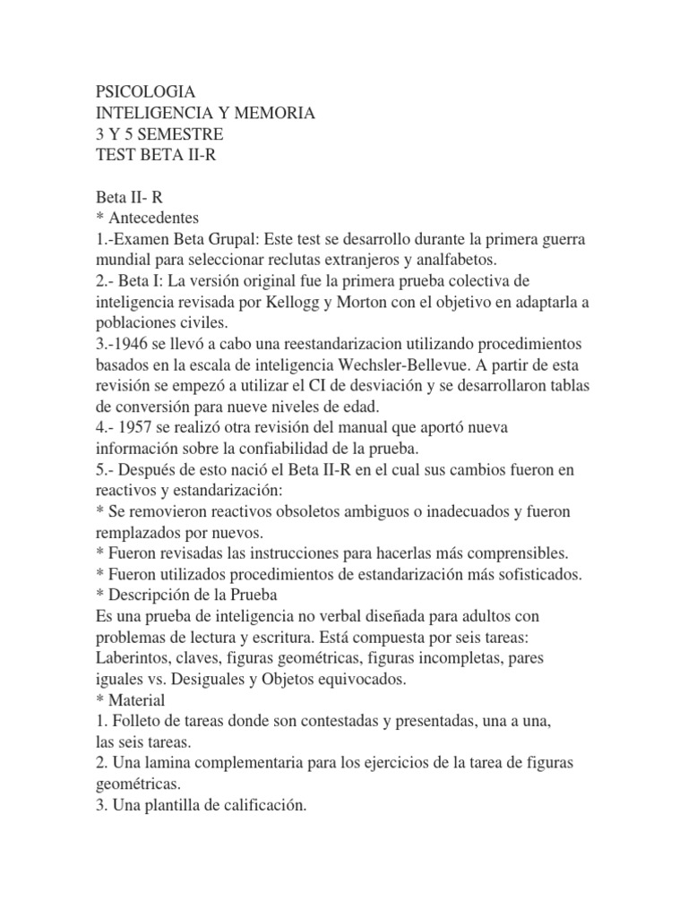 Test Beta II-R: Prueba de Inteligencia | PDF | Sicología | Science