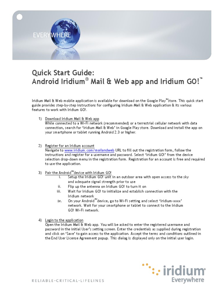 Quick Start Guide: Android Iridium Mail & Web App and Iridium GO! | PDF ...