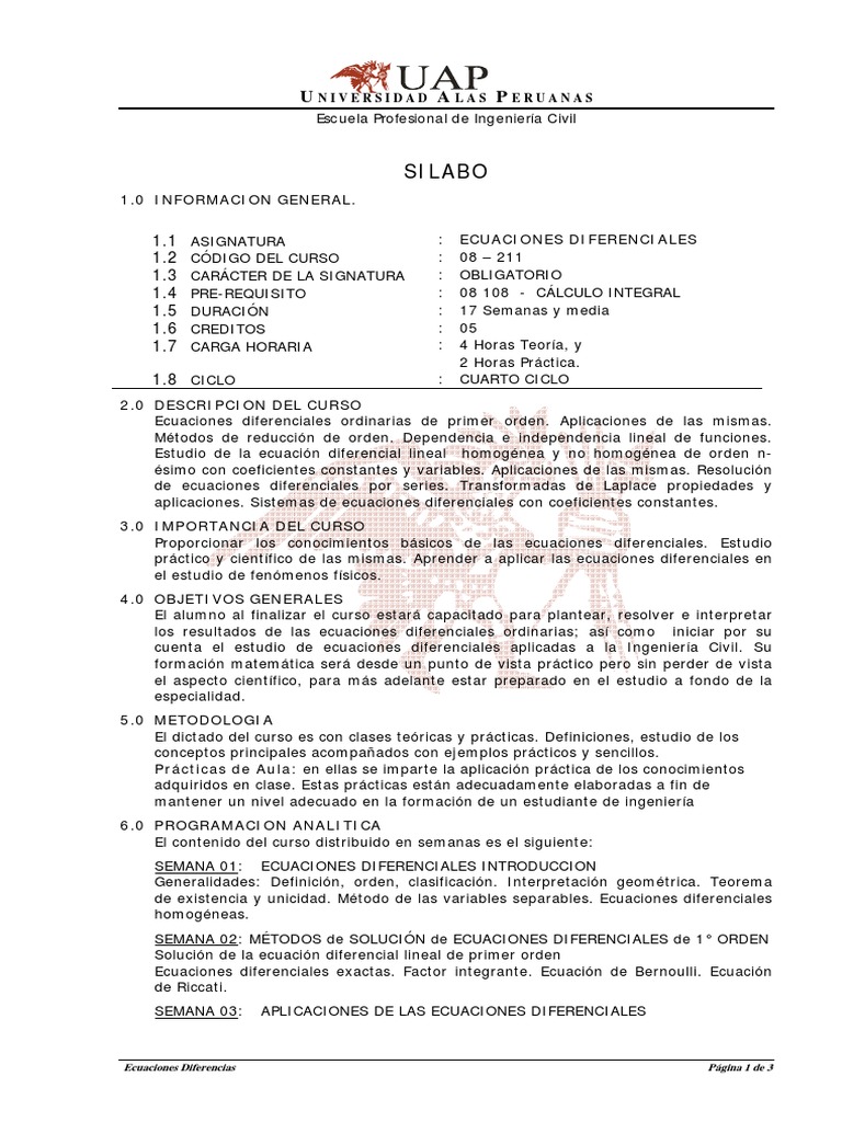 Silbus Ecuaciones Difereniales Uap | PDF | Métodos y materiales de enseñanza | Ciencia y matemáticas