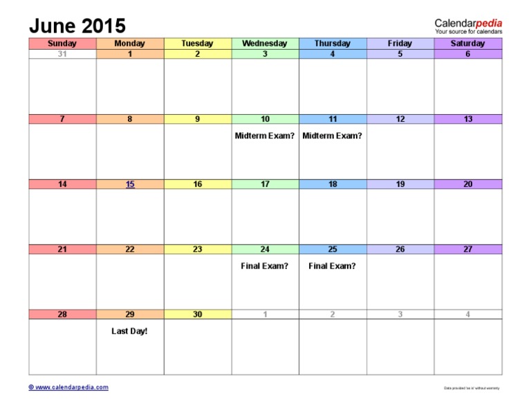 June 2015 Exam Schedule Calendar | PDF