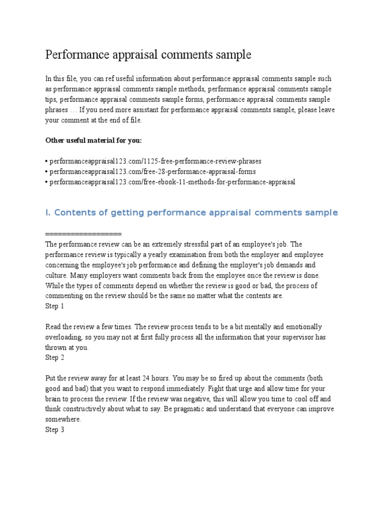 Performance Appraisal Comments Sample | PDF | Performance Appraisal ...