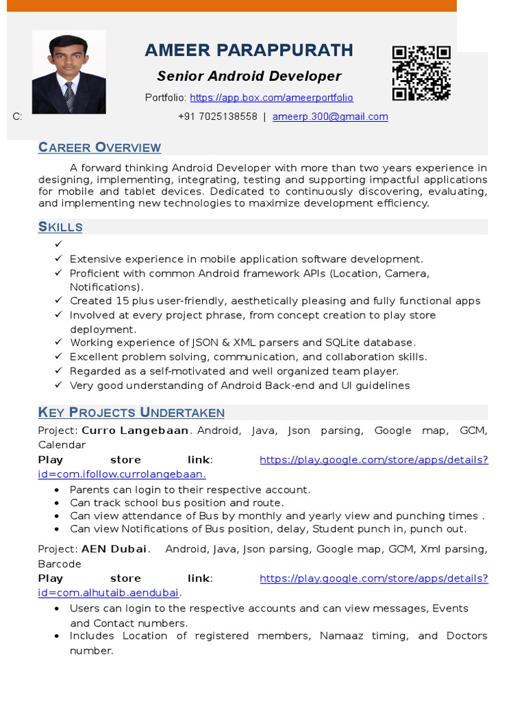 Ameer Parappurath: Senior Android Developer | PDF | Android (Operating System) | Json