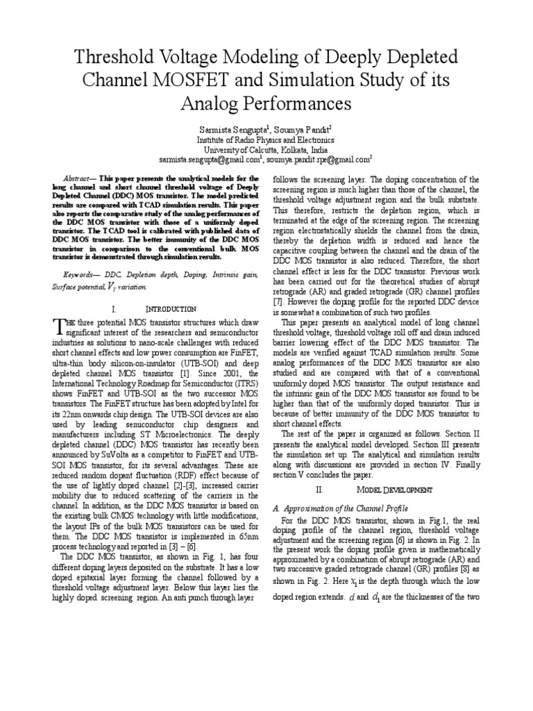 Threshold Voltage Modeling of Deeply Depleted Channel MOSFET and Simulation Study of Its Analog ...