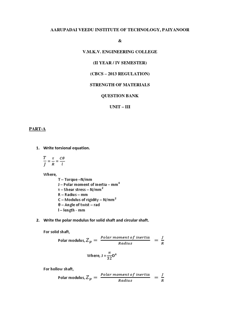 Som Chap 3 Torsion Question Bank Download Free Pdf Torque Bending