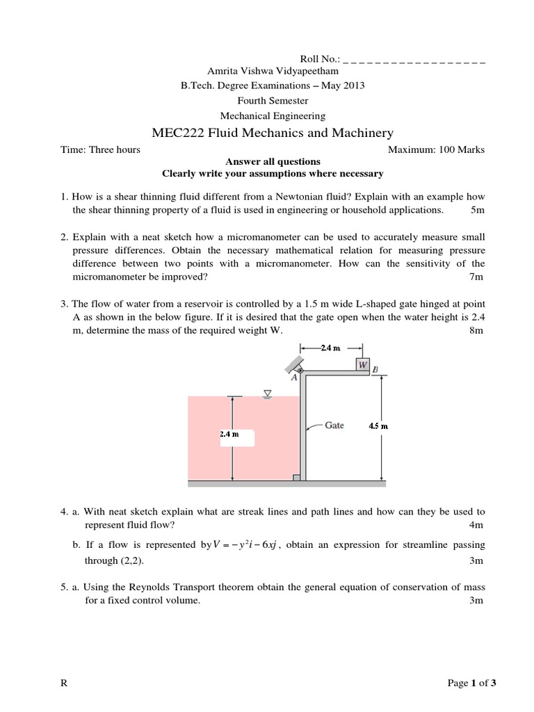 Fluid Mechanics Exam Questions 2013 | PDF | Turbine | Fluid Dynamics