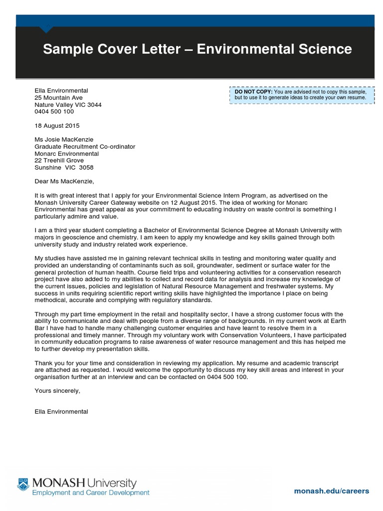 Sample Cover Letter - Environmental Science: DO NOT COPY: You Are ...