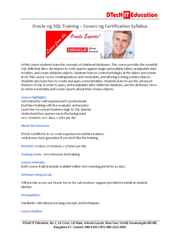 Oracle 11g SQL Training - Covers 11g Certification Syllabus: Course Highlights | PDF | Sql ...