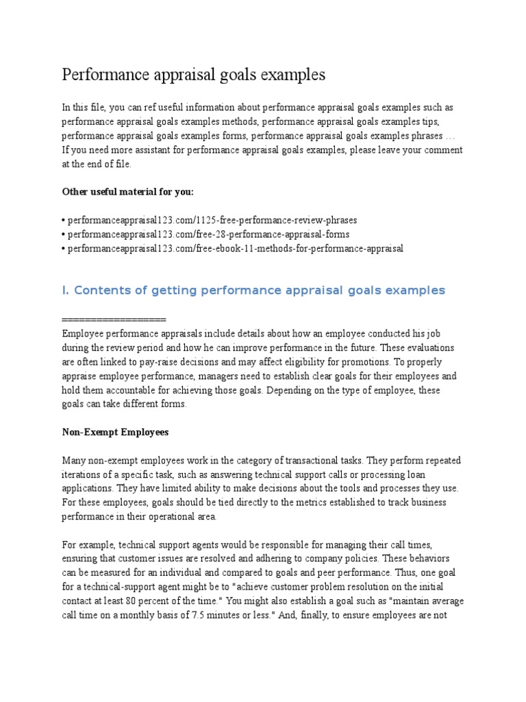 Performance Appraisal Goals Examples | PDF | Performance Appraisal | Goal
