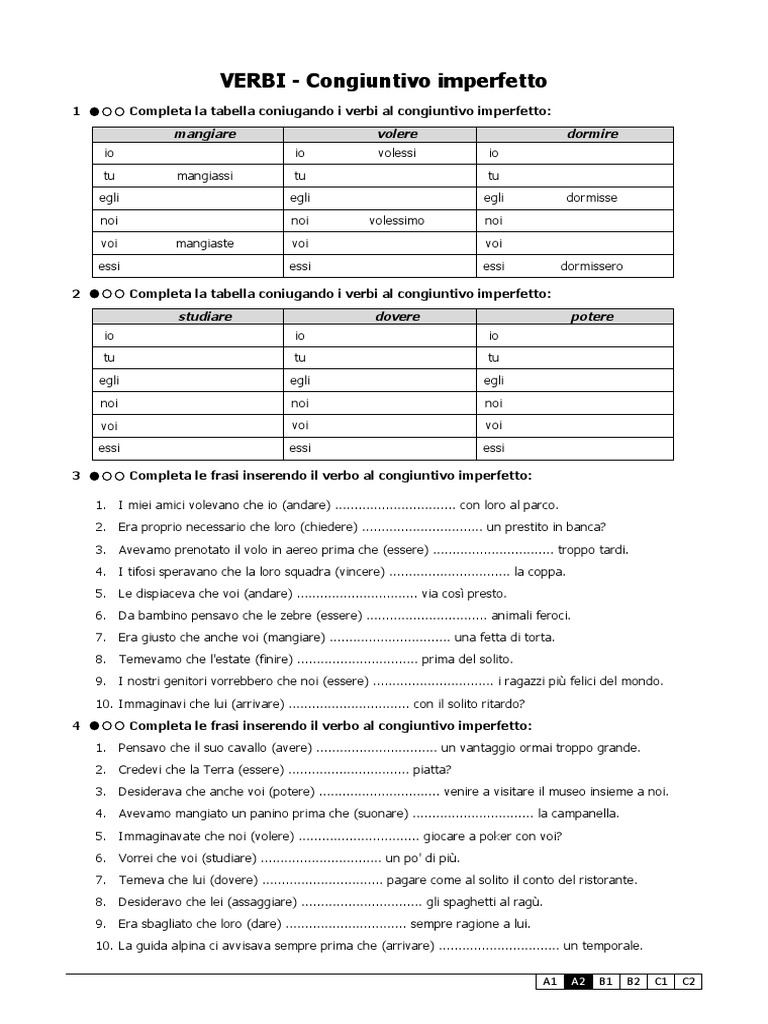 Congiuntivo Imperfetto Esercizi 1 | PDF