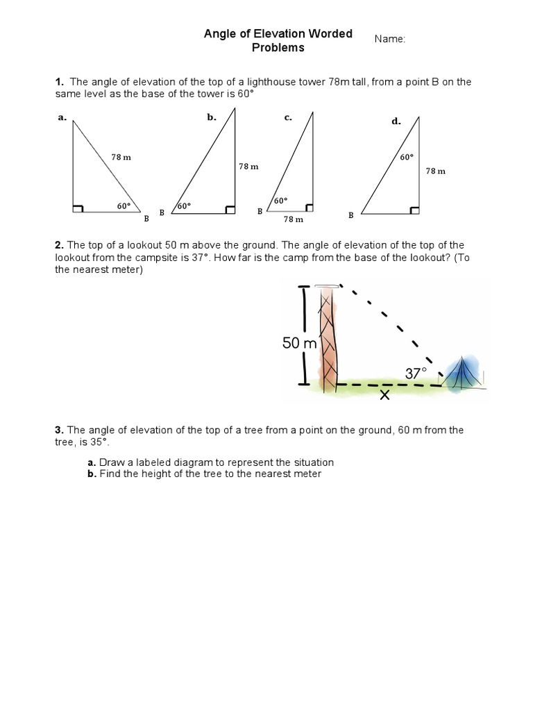 Angle of Elevation Worded Problems | PDF