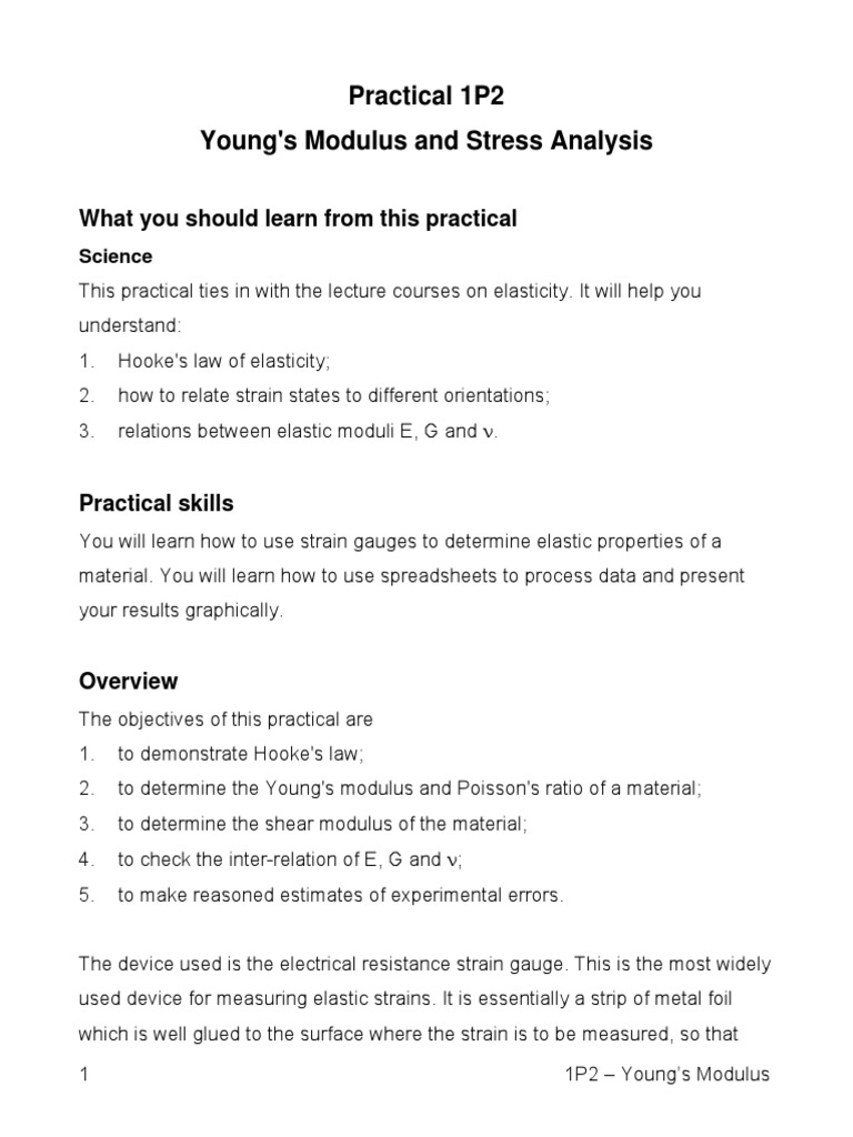 Practical 1P2 Young's Modulus and Stress Analysis: What You Should ...