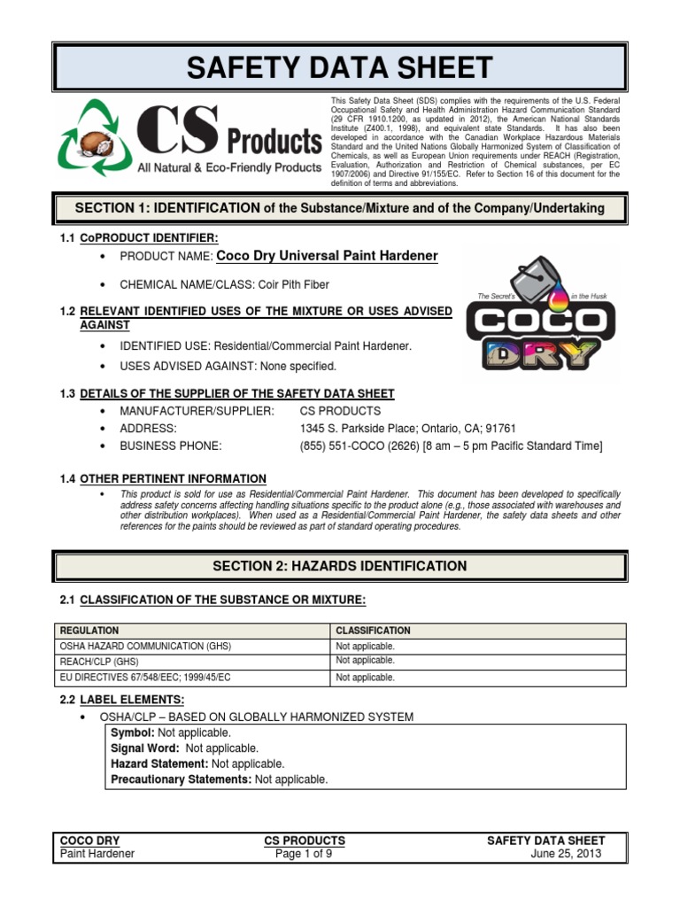Coco Dry Msds 2013 | PDF | Dangerous Goods | Resource Conservation And ...