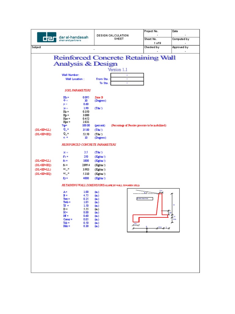Design Calculations for Retaining Wall Subject to Static Earth Pressure ...
